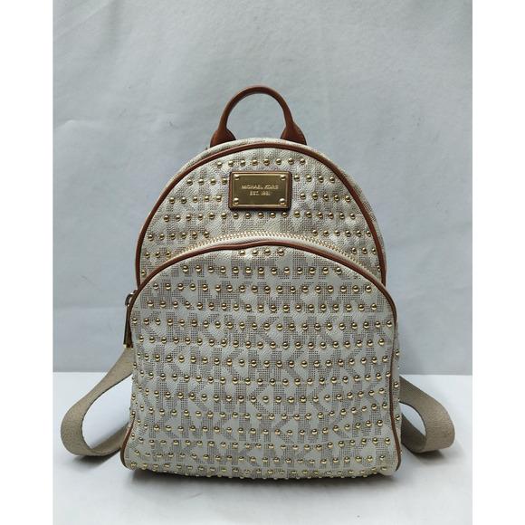 Michael Kors | Bags | Michael Kors Ivory Leather Studded Mk Printed Top ...